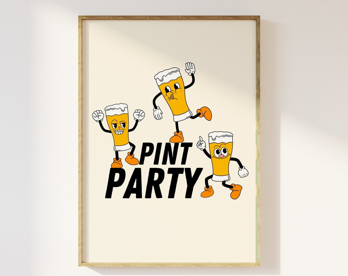 Pint Party Fun Retro Character Print - Trendy Retro Aesthetic Kitchen ...