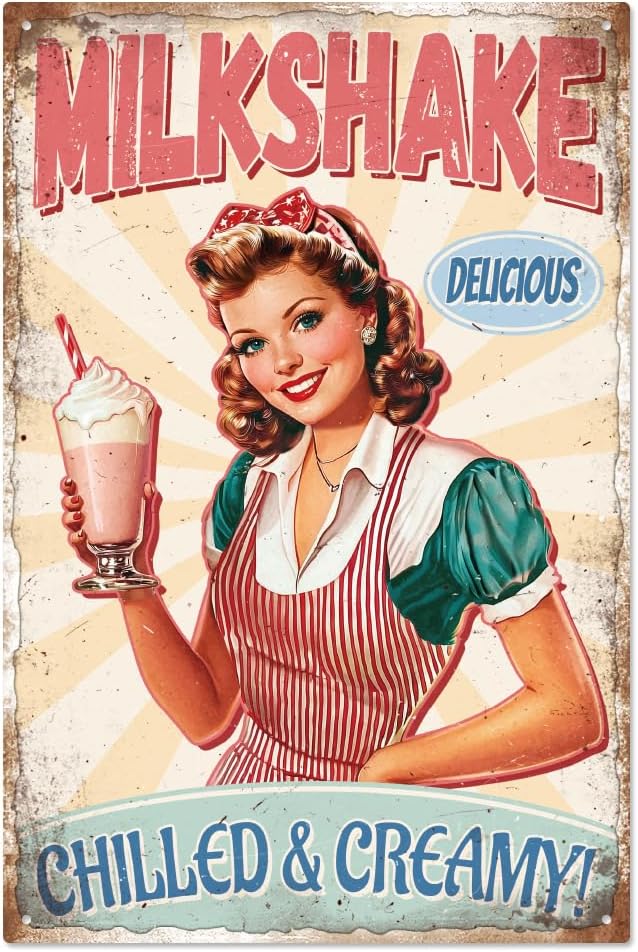 Pinup Lady Milkshake Metal Tin Sign Chilled Creamy Vintage Metal Sign ...