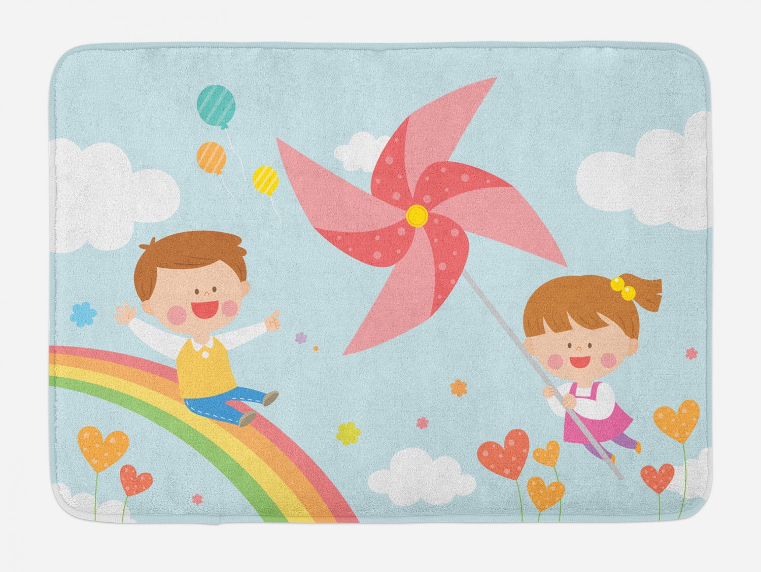Pinwheel Bath Mat, Children Riding on Rainbow Dreamy Heart Shaped ...
