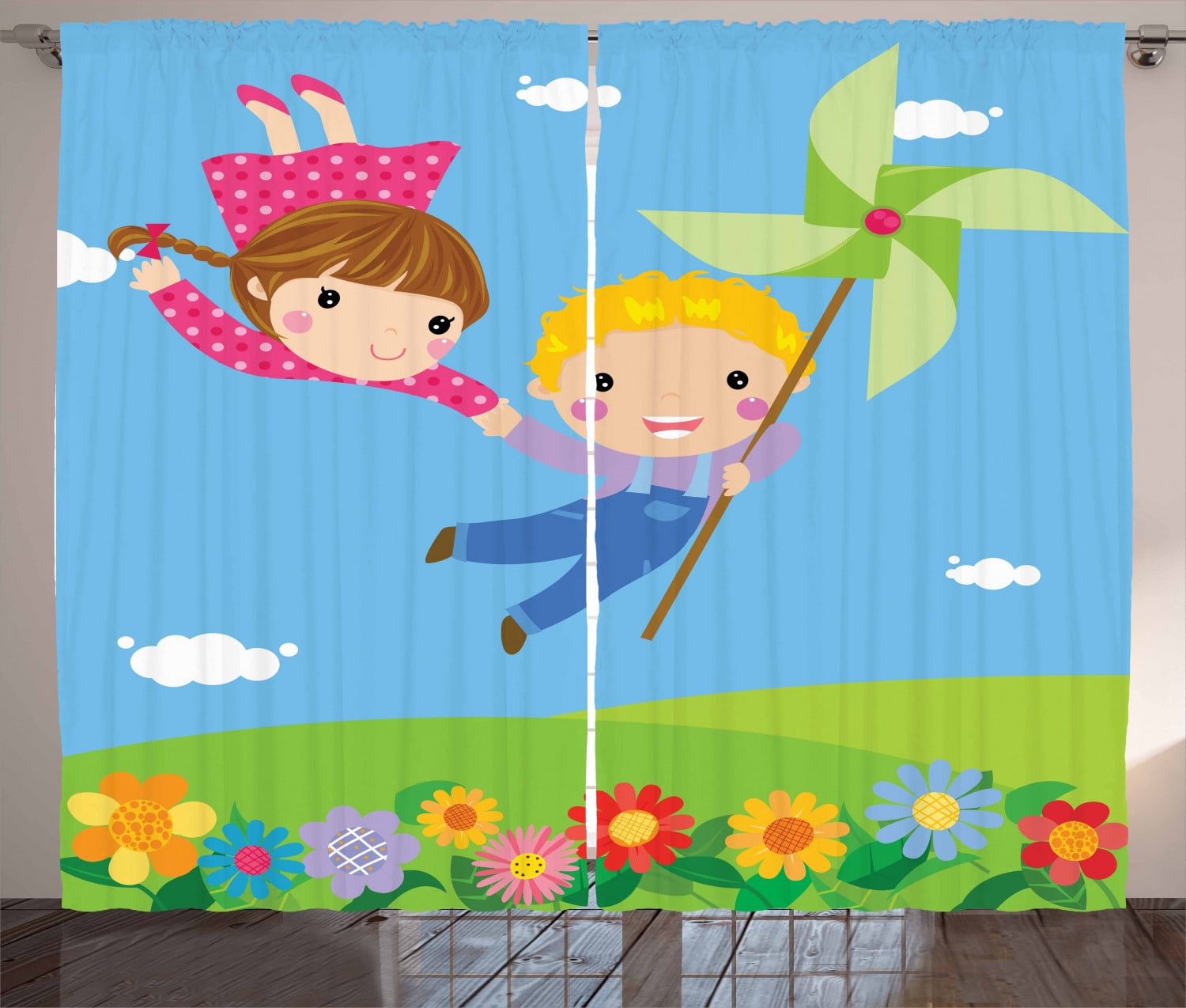 Pinwheel Curtains 2 Panels Set, Little Boy and Girl Flying Fantasy ...