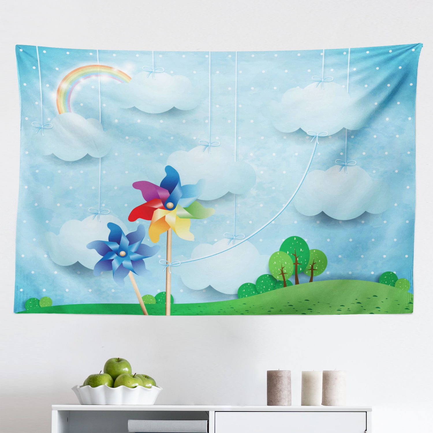 Pinwheel Tapestry, Riding on Rainbow Dreamy Heart Shaped Flowers ...