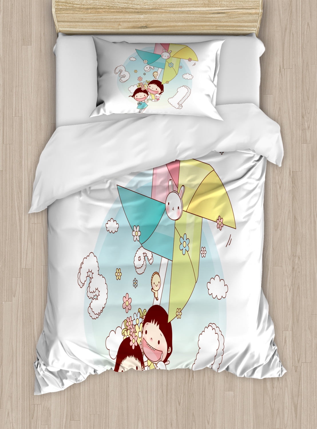 Pinwheel Twin Size Duvet Cover Set, Happy Kids Holding Giant Pinwheel ...