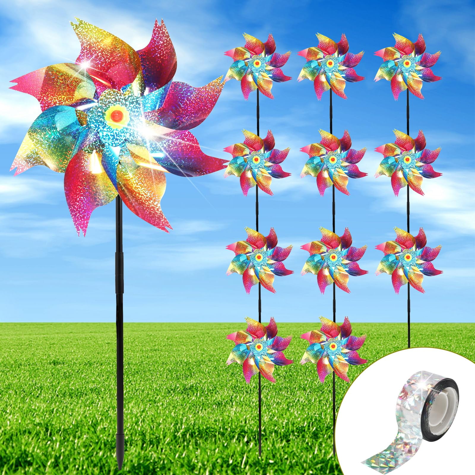 Pinwheels for Yard and Garden, 12Pack Reflective Pinwheels to Scare ...