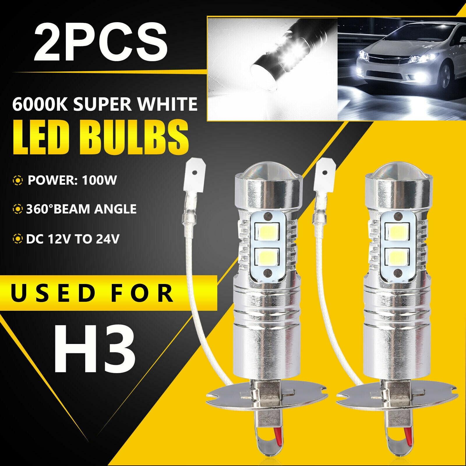 Pinypikaka 2 Pack Car H3 Led Fog Light Bulb Conversion Kit Dc 12v-24v 100w 360 Degrees Super ...