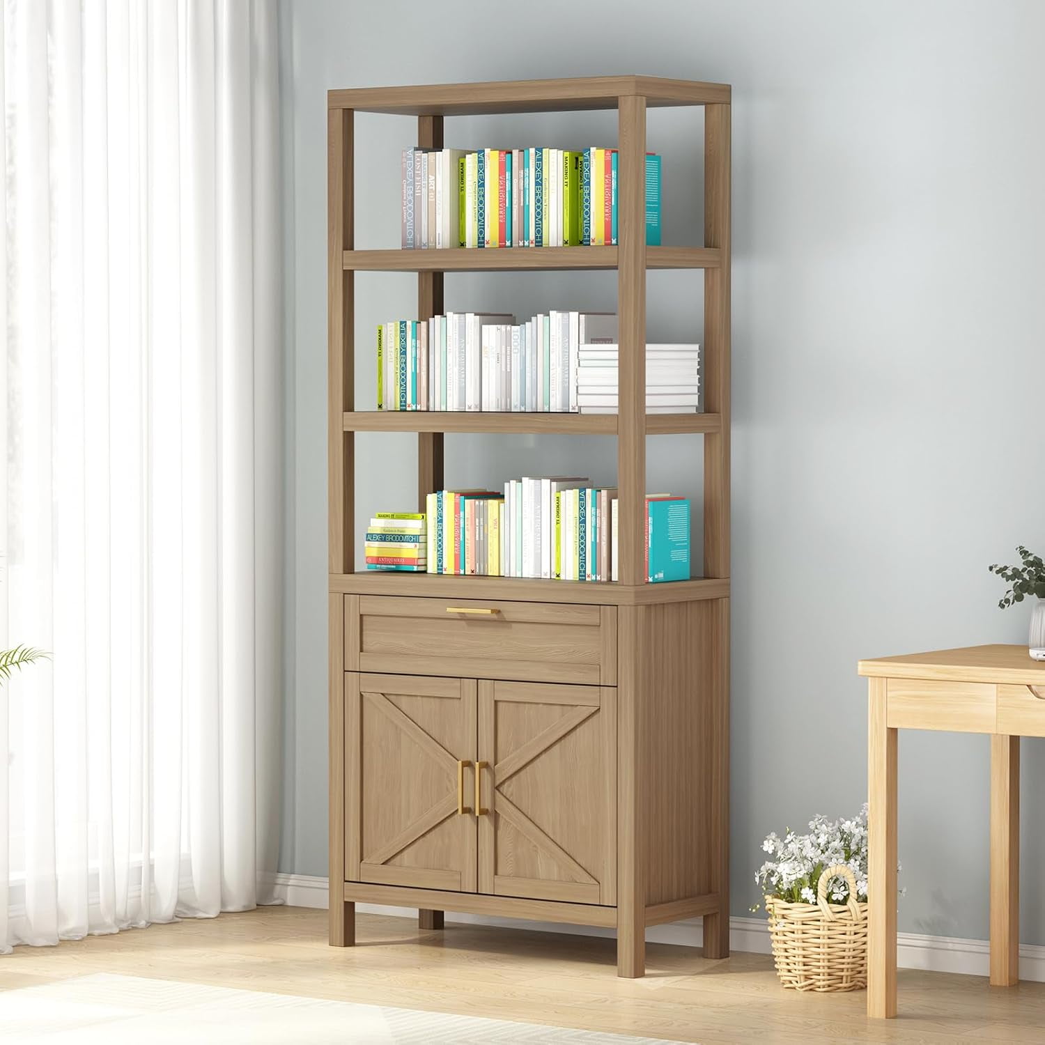 Pinypikaka 5-Tier Bookshelf with Doors Cabinet and Drawer, Large Wooden ...