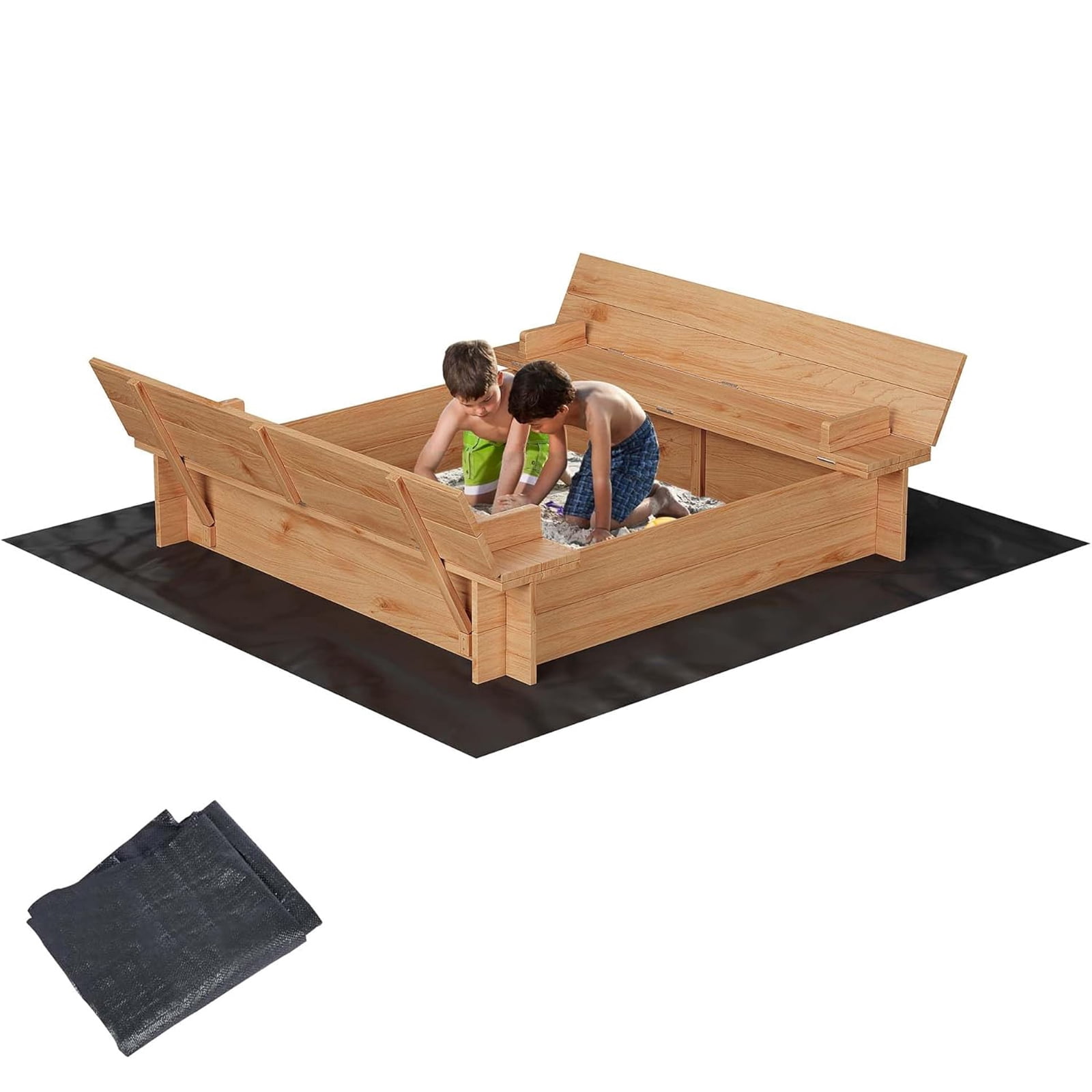 Pinypikaka Wooden Sandbox with Cover, Outdoor Sand Box with 2 Bench ...
