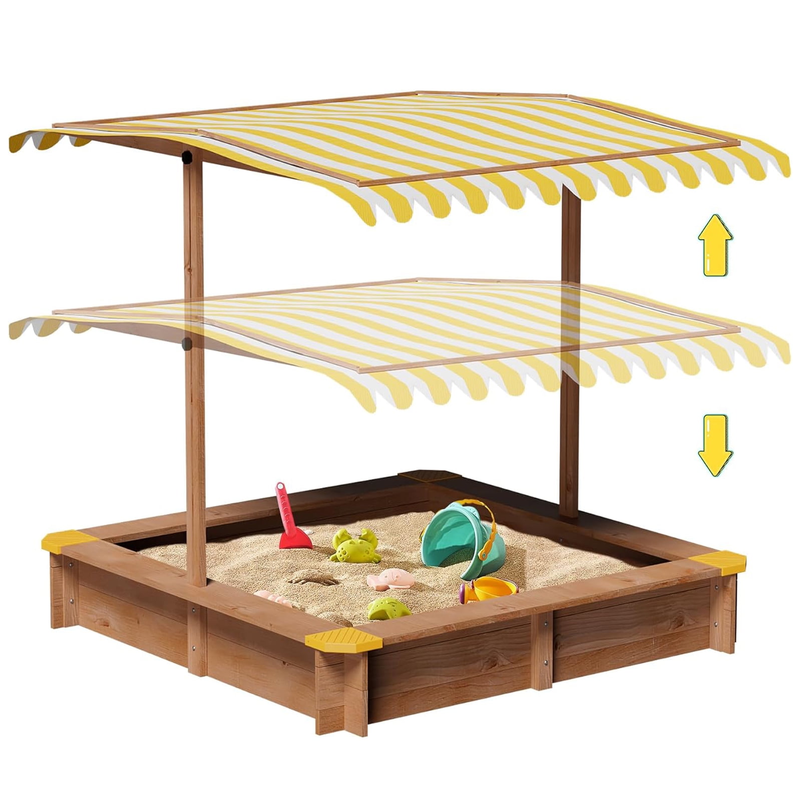 Pinypikaka Wooden Sandbox w/ Adjustable Canopy, Children Outdoor ...