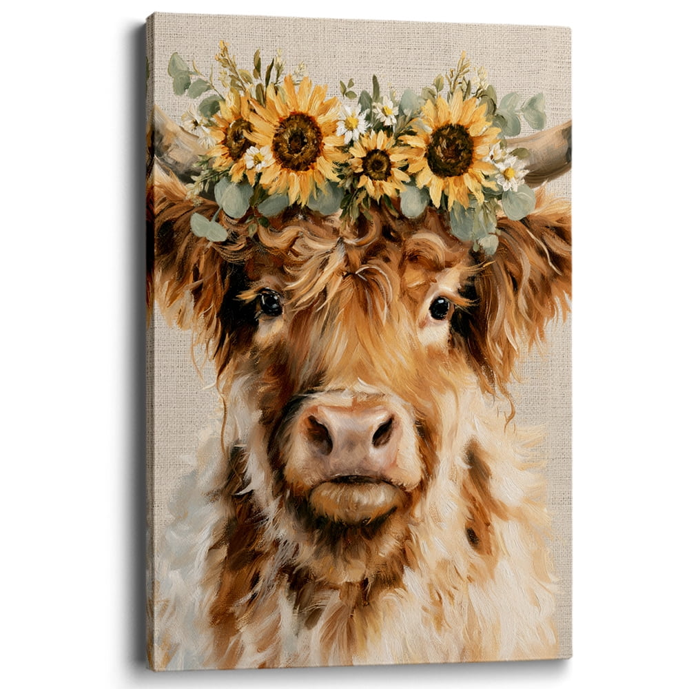 Pioneer Art Highland Cow Sunflower Crown Wall Art For Farmhouse Kitchen ...