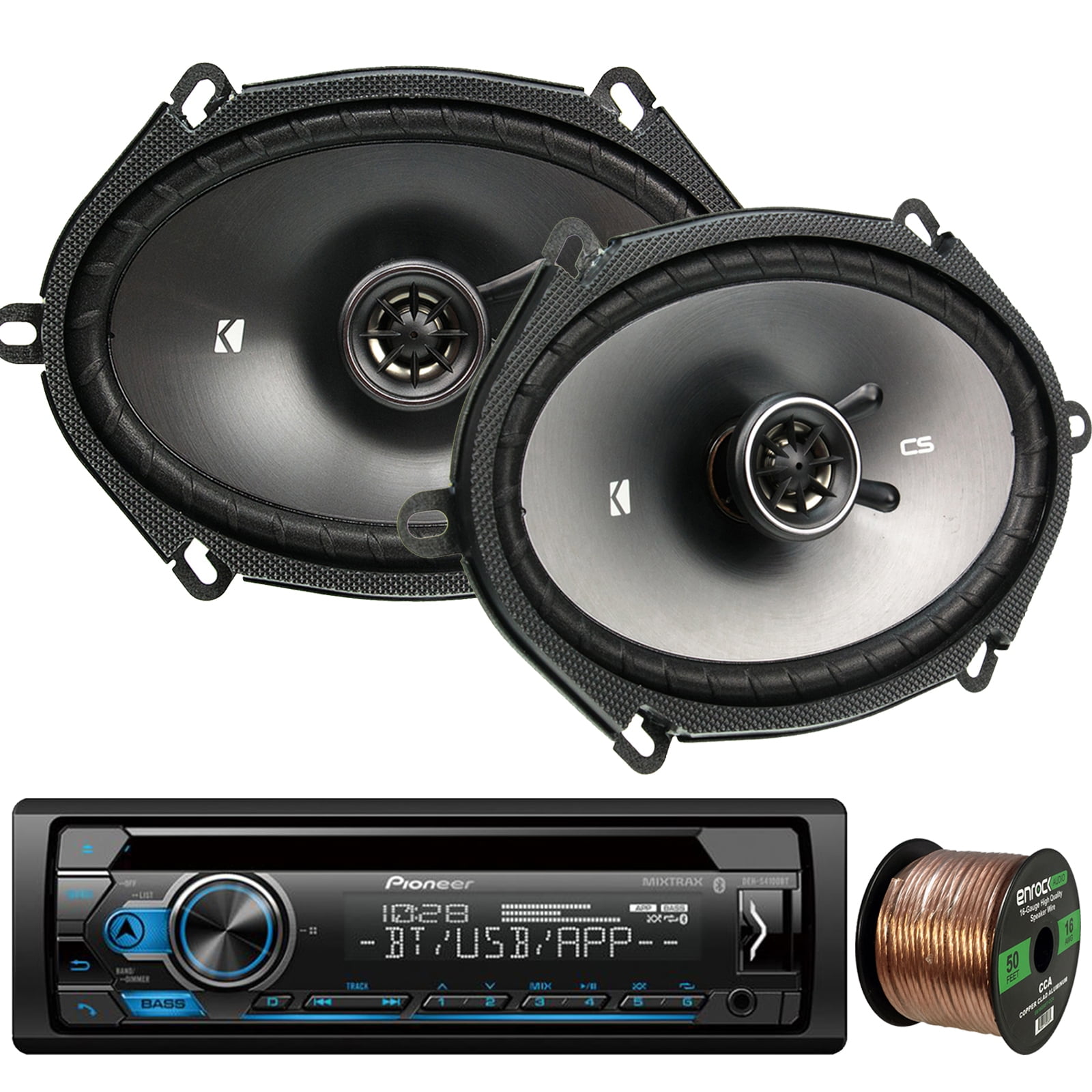 Pioneer DEH-S4100BT In-Dash Single-DIN CD Player Bluetooth Receiver, 2 x Kicker 43CSC684 450W ...