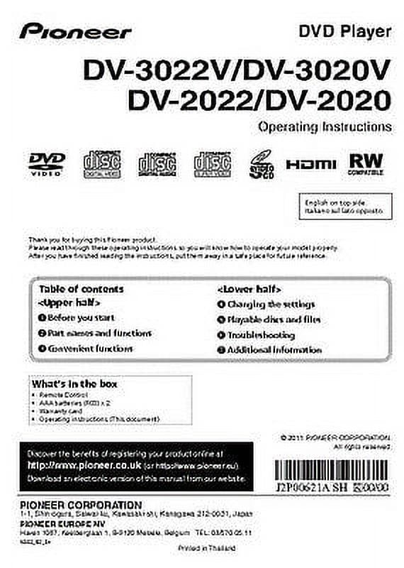Instruction Manual ONLY for Pioneer DV-2022 DVD Player Owners Manual ...