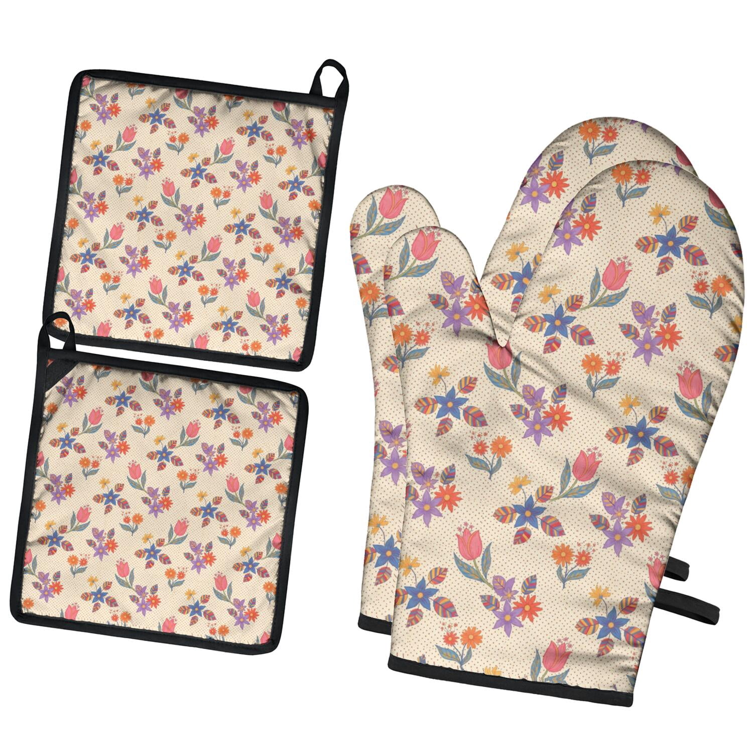 Pioneer Flower Floral Print Pattern 2-Pack Oven Mitts Set, Heat ...