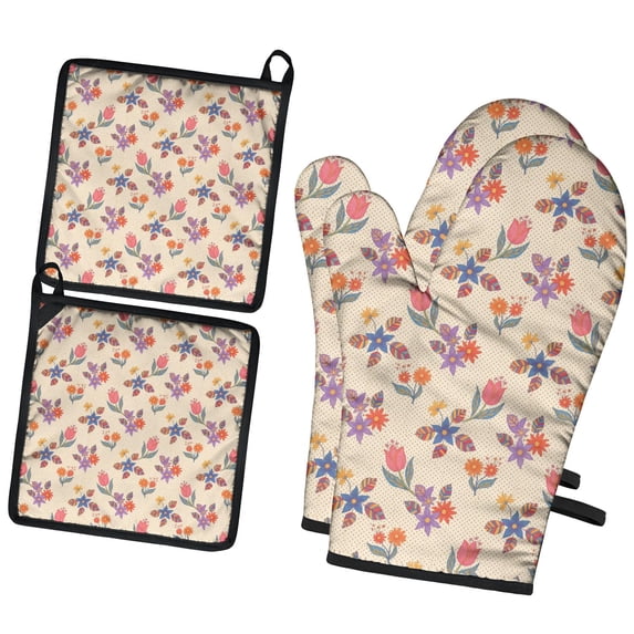 Pioneer Flower Floral Print Pattern 2-Pack Oven Mitts Set, Heat ...