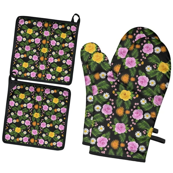 Pioneer Flower Floral Print Pattern 2-Pack Oven Mitts Set, Heat ...