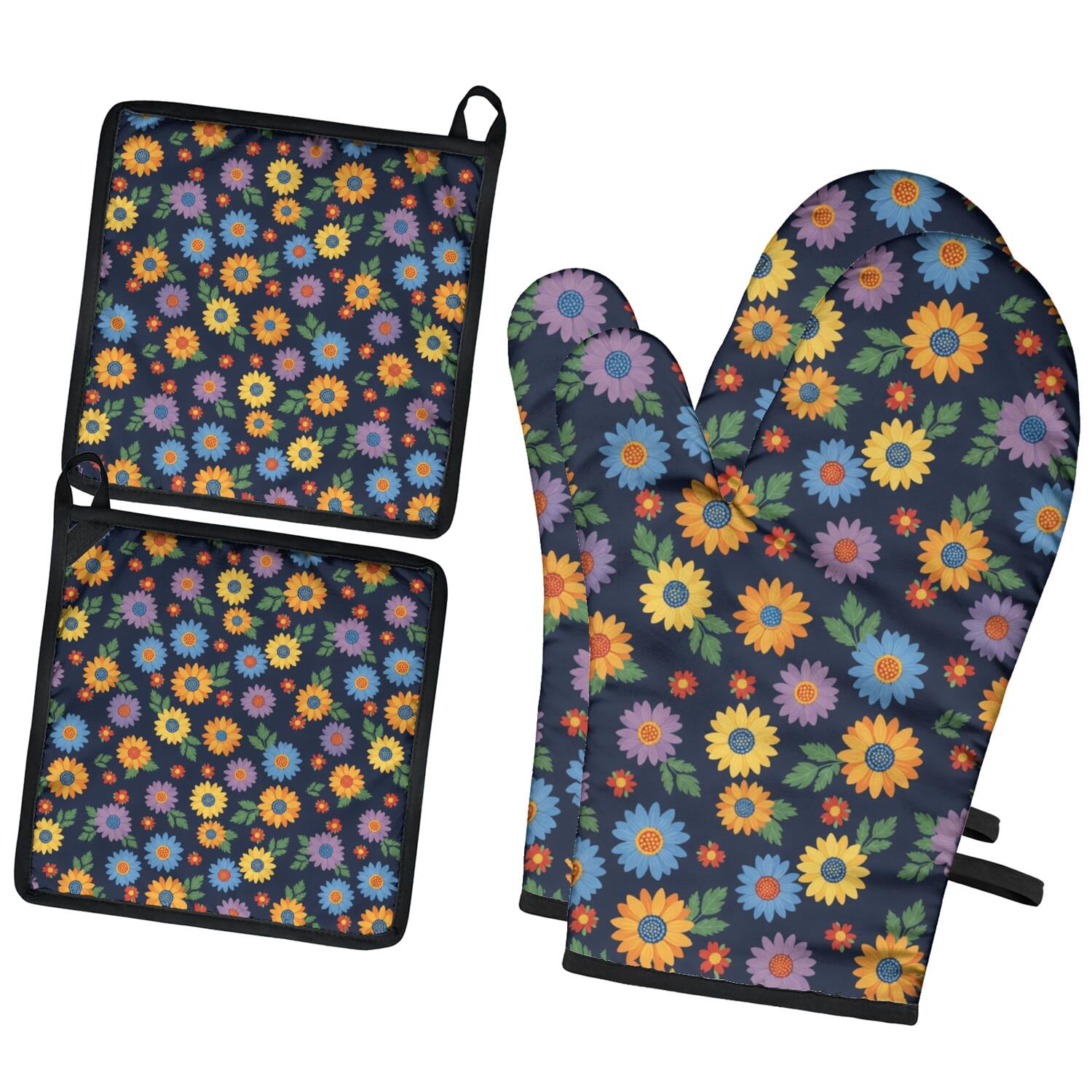 Pioneer Flower Floral Print Pattern 2-Pack Oven Mitts Set, Heat ...