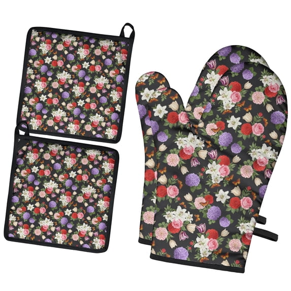 Pioneer Flower Floral Print Pattern 2-Pack Oven Mitts Set, Heat ...
