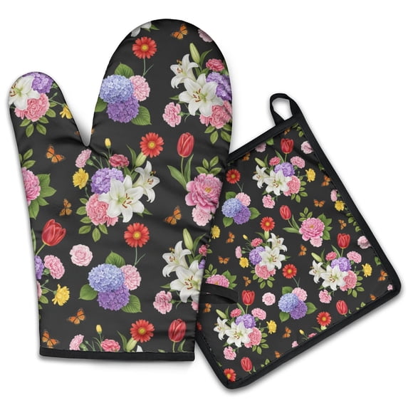 Pioneer Flower Floral Print Pattern 2-Pack Oven Mitts Set, Heat ...