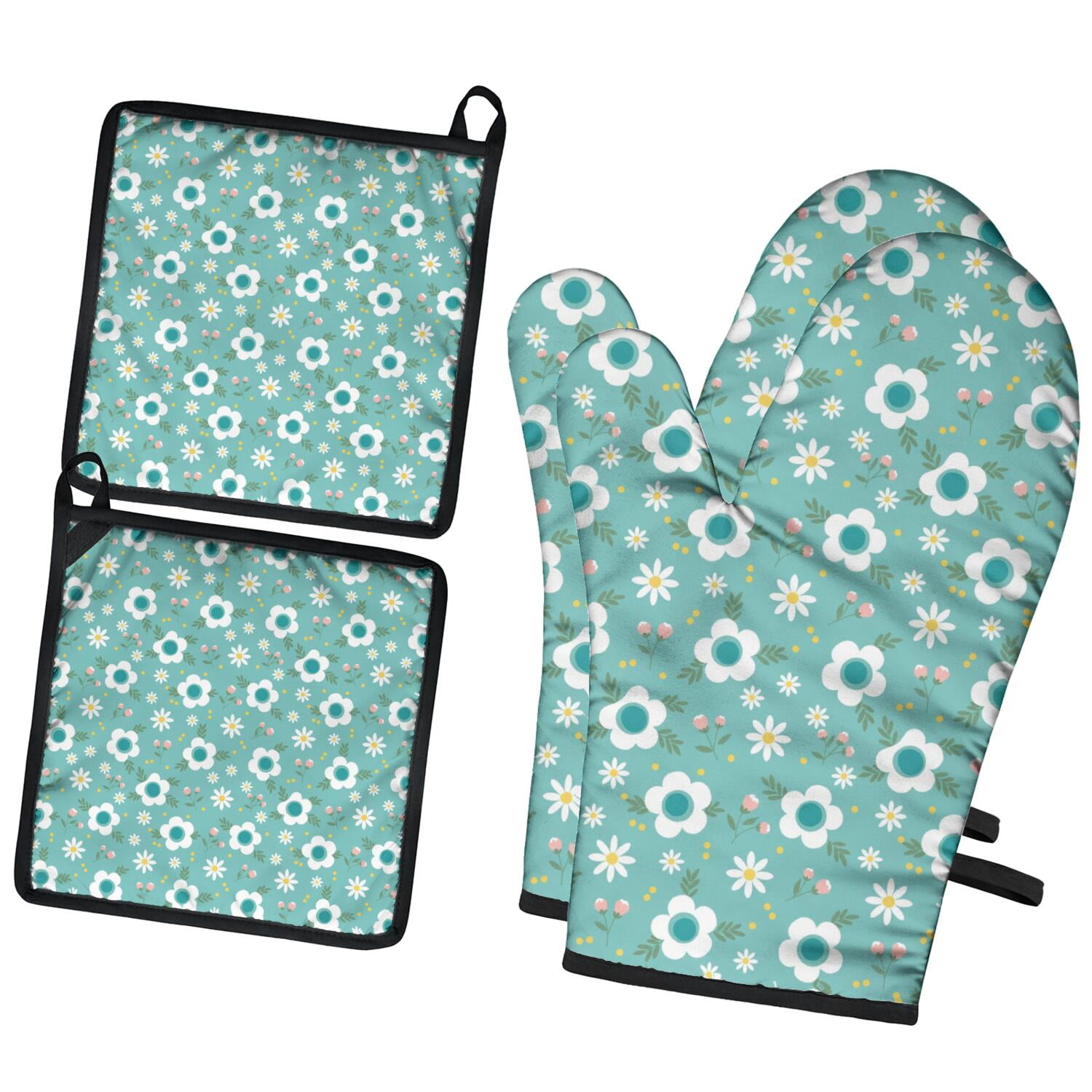 Pioneer Flower Floral Print Pattern 2-Pack Oven Mitts Set, Heat ...
