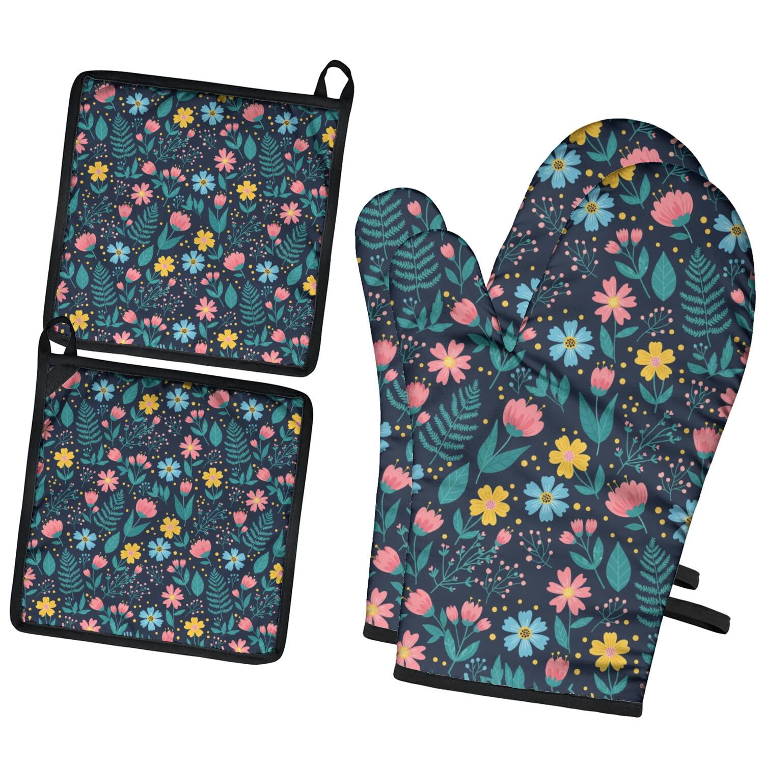 Pioneer Flower Floral Print Pattern 2-Pack Oven Mitts Set, Heat ...