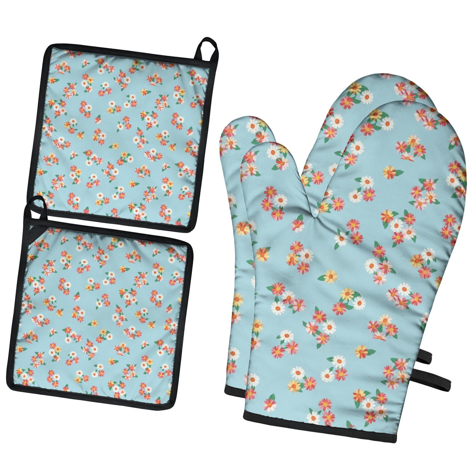 Pioneer Flower Floral Print Pattern 2-Pack Oven Mitts Set, Heat ...