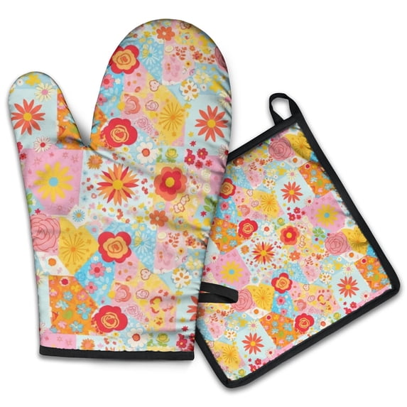 Pioneer Flower Floral Print Pattern 2-Pack Oven Mitts Set, Heat ...