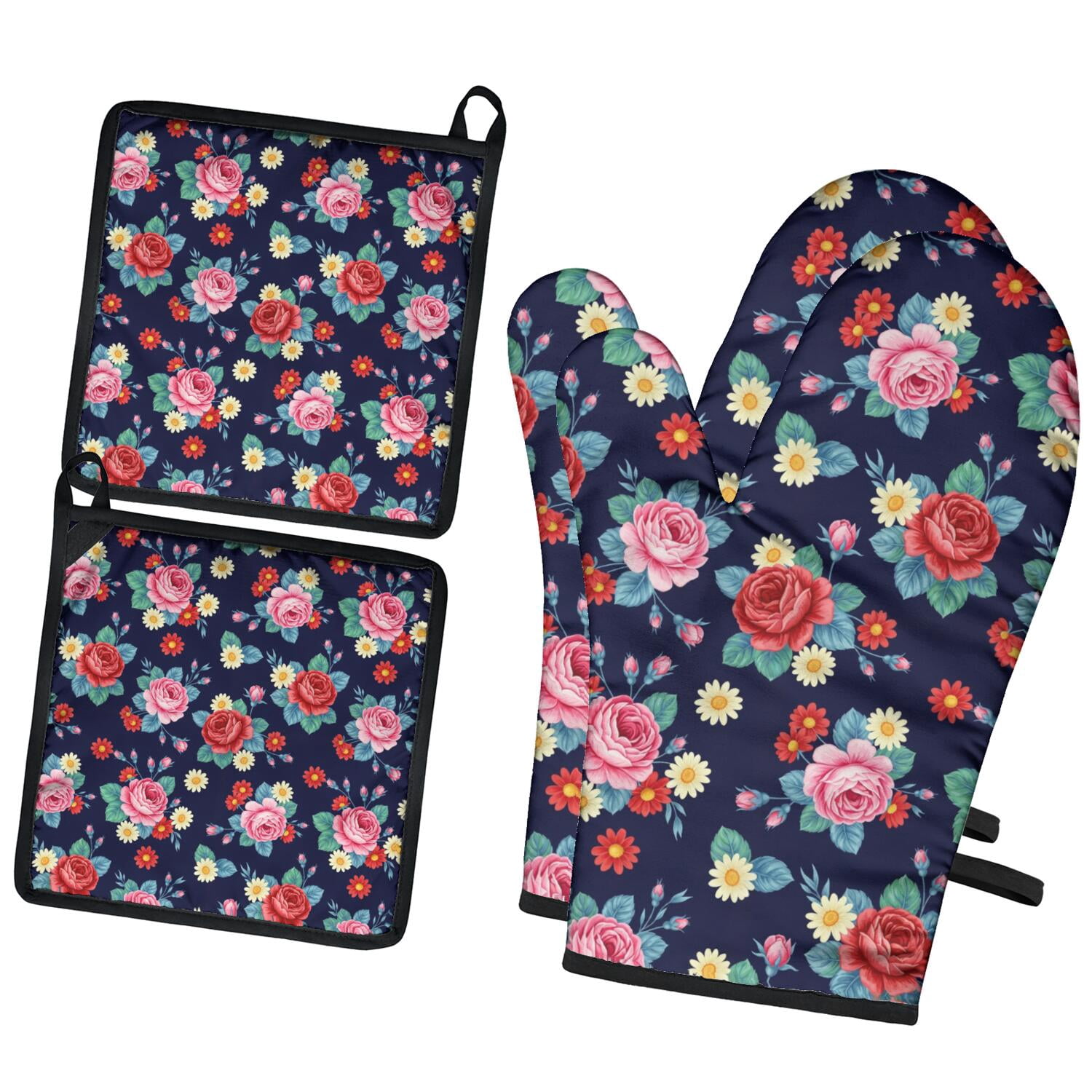 Pioneer Flower Floral Print Pattern 2-Pack Oven Mitts Set, Heat ...