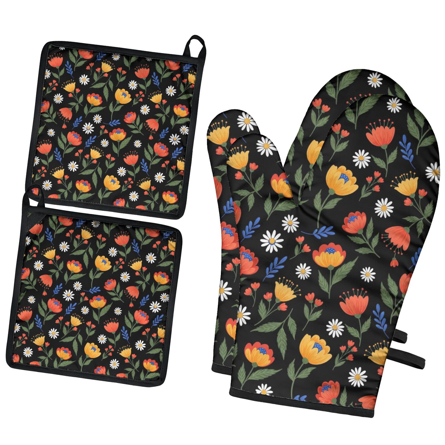 Pioneer Flower Floral Print Pattern 2-Pack Oven Mitts Set, Heat ...