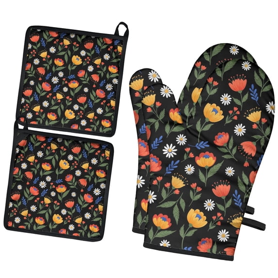 Pioneer Flower Floral Print Pattern 2-Pack Oven Mitts Set, Heat ...