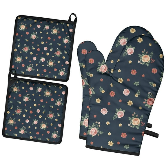 Pioneer Flower Floral Print Pattern 2-Pack Oven Mitts Set, Heat ...