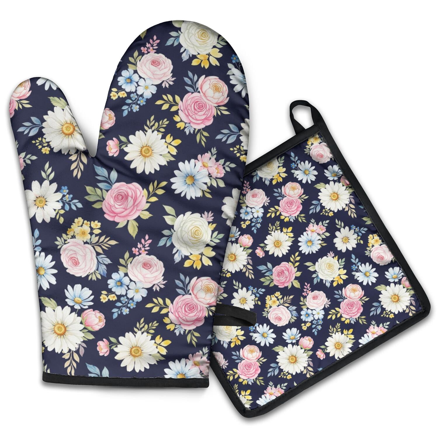 Pioneer Flower Floral Print Pattern 2-Pack Oven Mitts Set, Heat ...