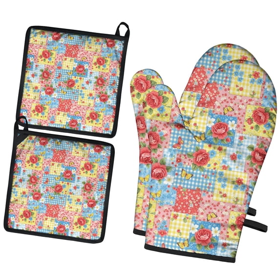 Pioneer Flower Floral Print Pattern 2-Pack Oven Mitts Set, Heat ...