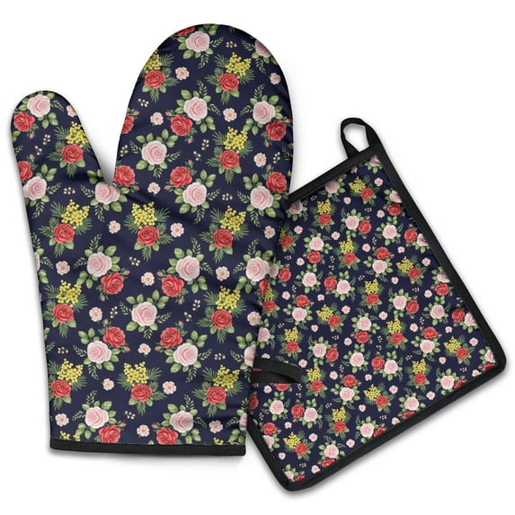 Pioneer Flower Floral Print Pattern 2-Pack Oven Mitts Set, Heat ...