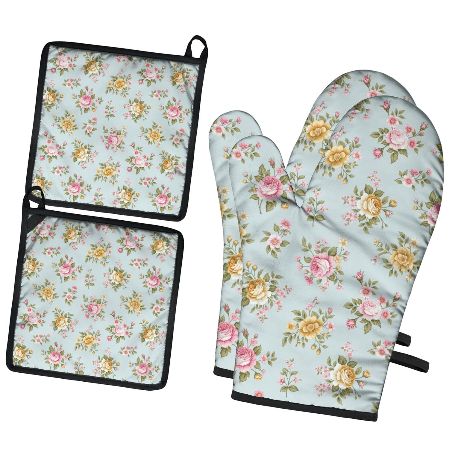 Pioneer Flower Floral Print Pattern 2-Pack Oven Mitts Set, Heat ...
