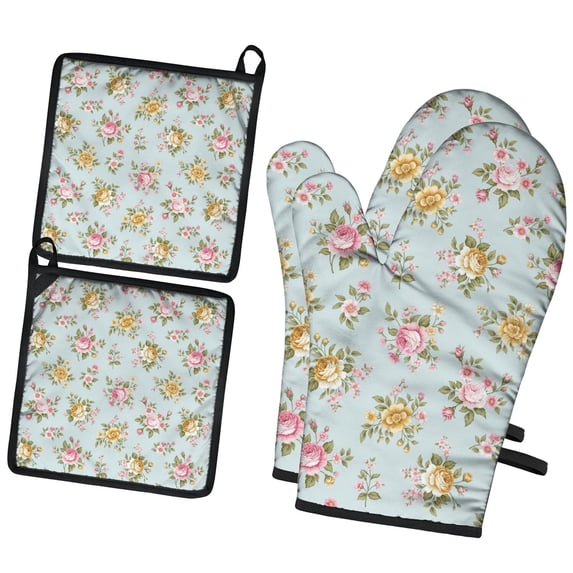 Pioneer Flower Floral Print Pattern 2-Pack Oven Mitts Set, Heat ...