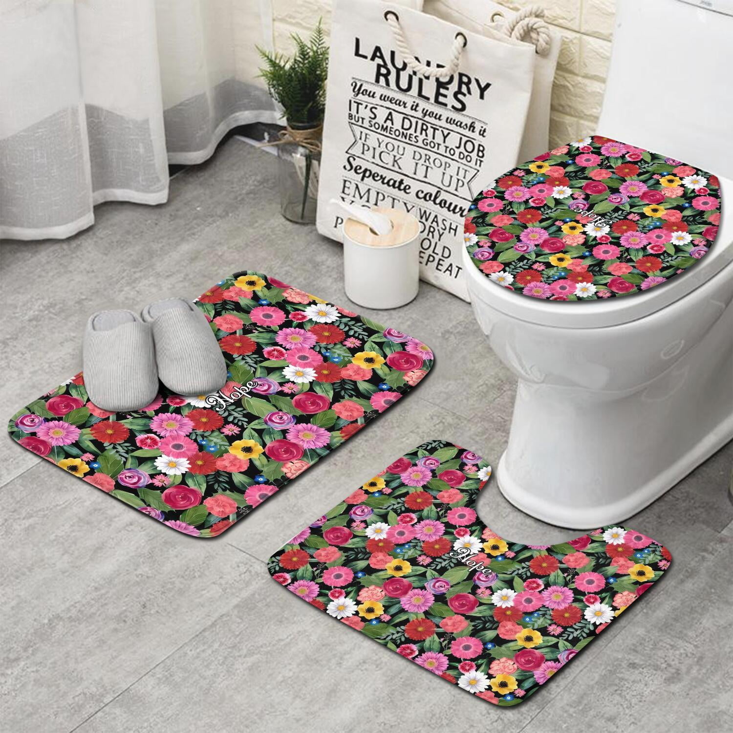 Pioneer Flower Floral Print Pattern Bathroom Rugs Sets 3 Piece,Toilet ...