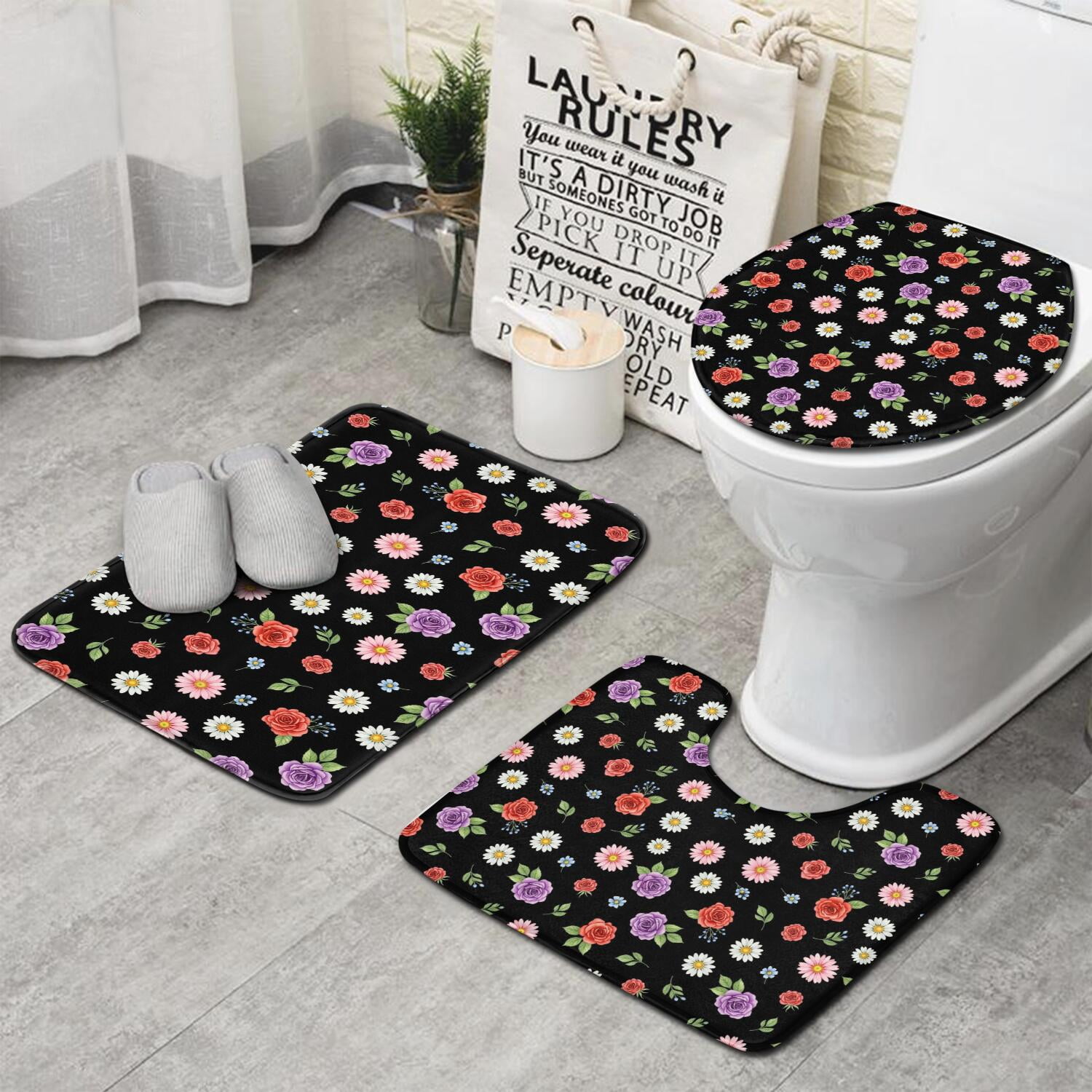 Pioneer Flower Floral Print Pattern Bathroom Rugs Sets 3 Piece, Toilet ...