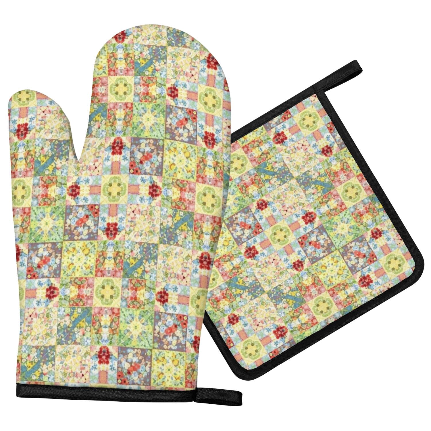 Pioneer Flower Floral Print Pattern Oven Mitt Pot Holder Set, Polyester ...