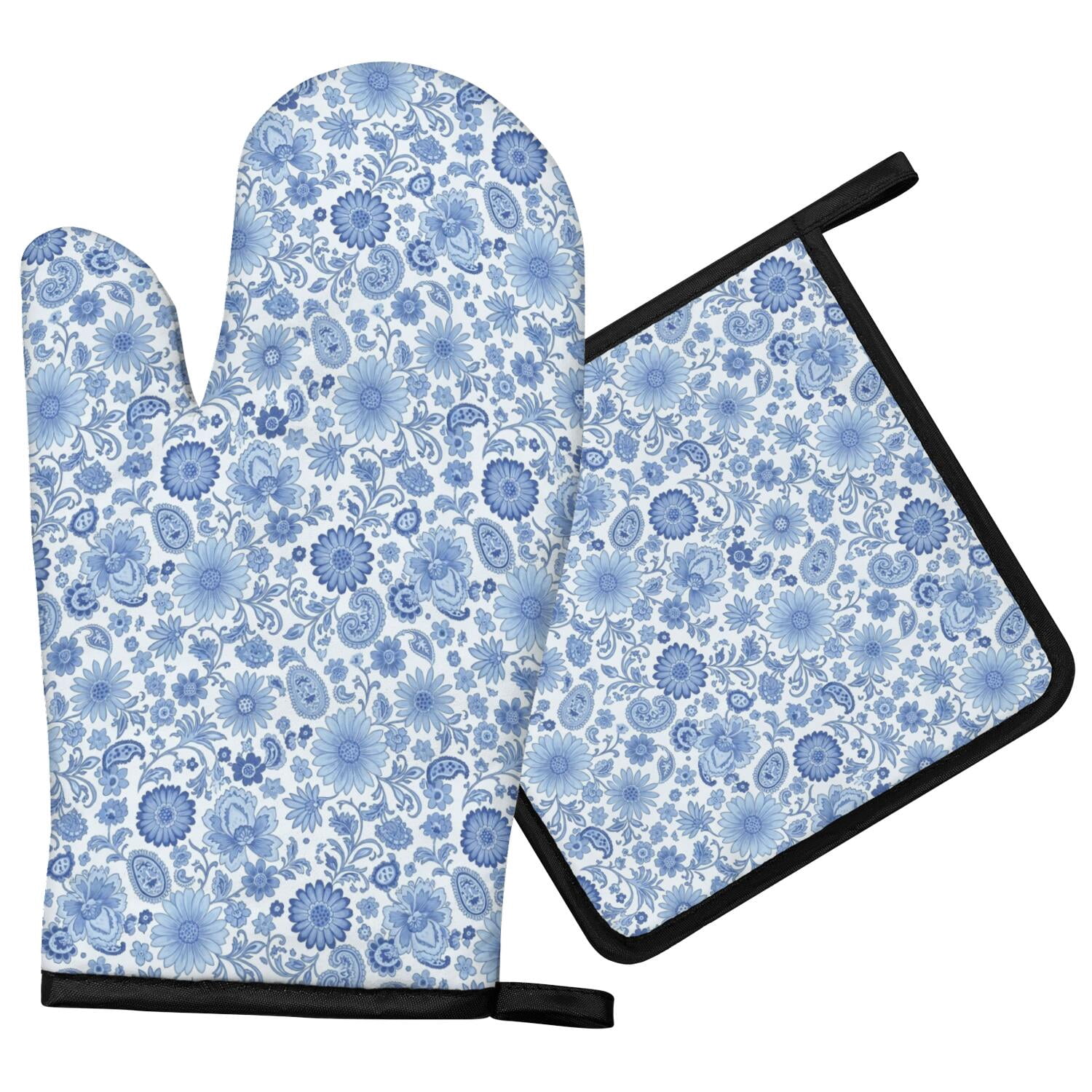Pioneer Flower Floral Print Pattern Oven Mitt Pot Holder Set, Polyester ...