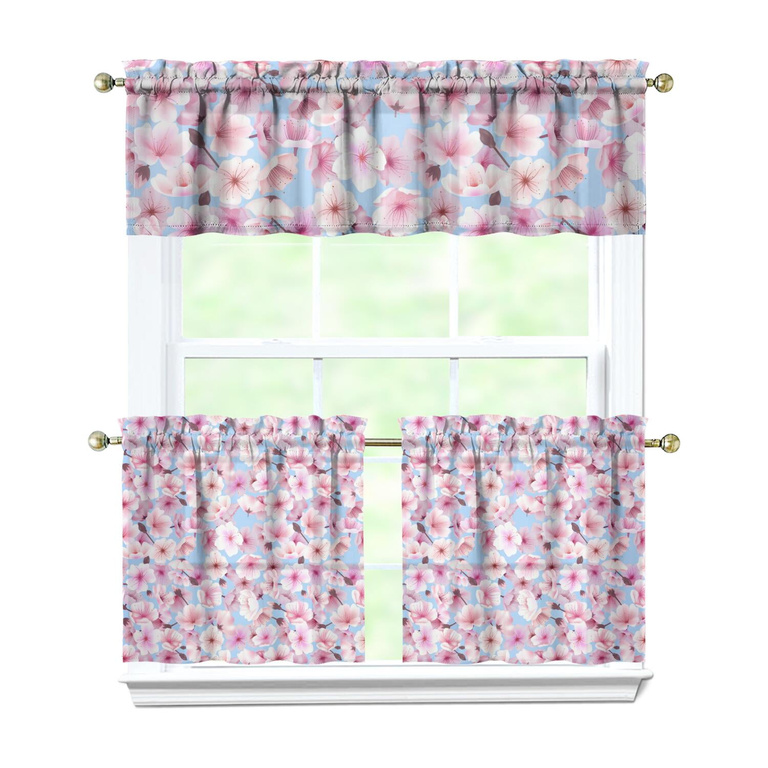 Pioneer Kitchen Curtains and Valance Set 24 Inch Tier Cherry Blossoming Sakura Cosplay Curtains ...