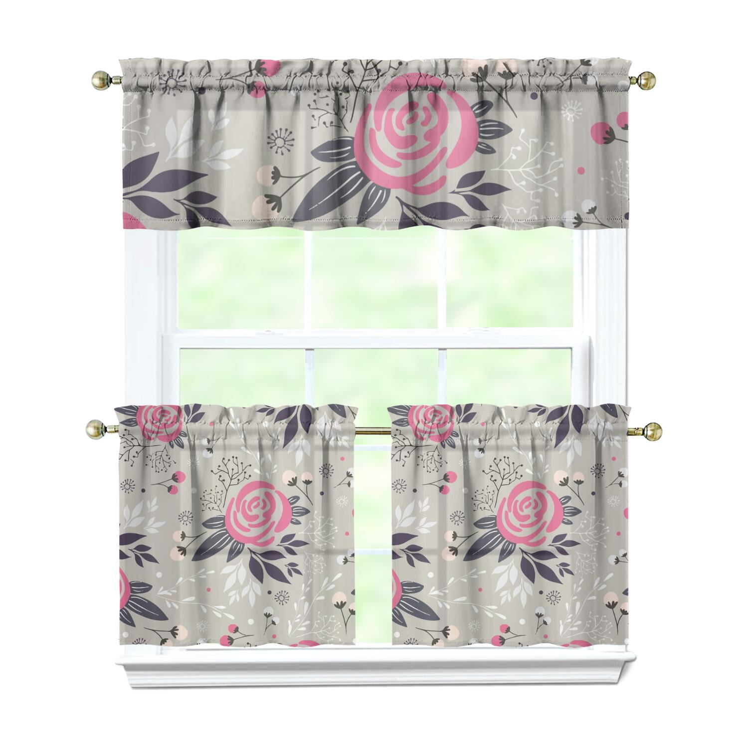 Pioneer Kitchen Curtains and Valance Set 24 Inch Tier Pink Flower Crown ...