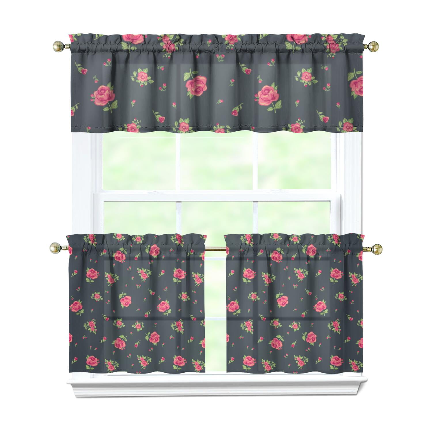 Pioneer Kitchen Curtains and Valance Set 24 Inch Tier Rose Flower ...