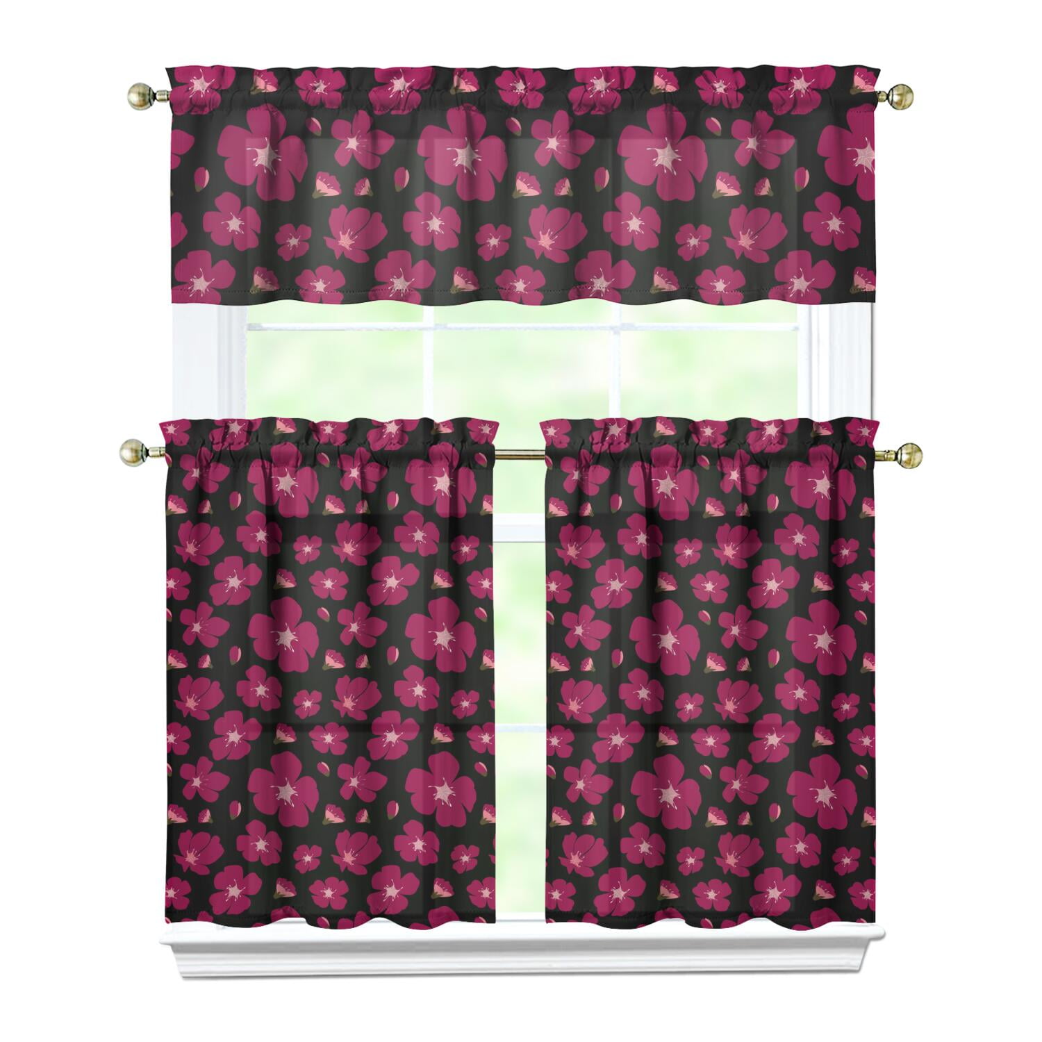 Pioneer Kitchen Curtains and Valance Set 36 Inch Tier Abstract Floral Sakura Flower Japanese ...