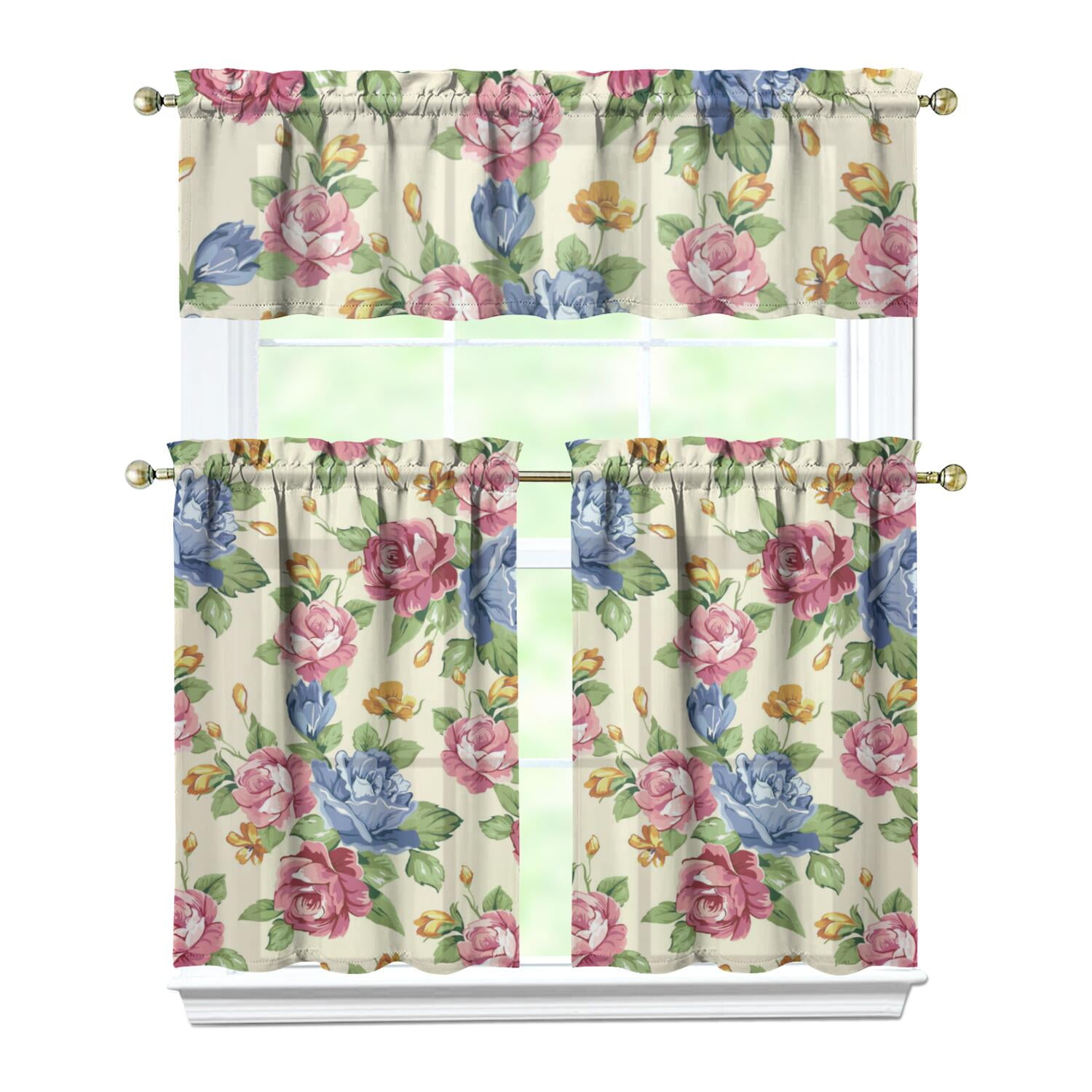Pioneer Kitchen Curtains and Valance Set 36 Inch Tier Rose Floral Print ...