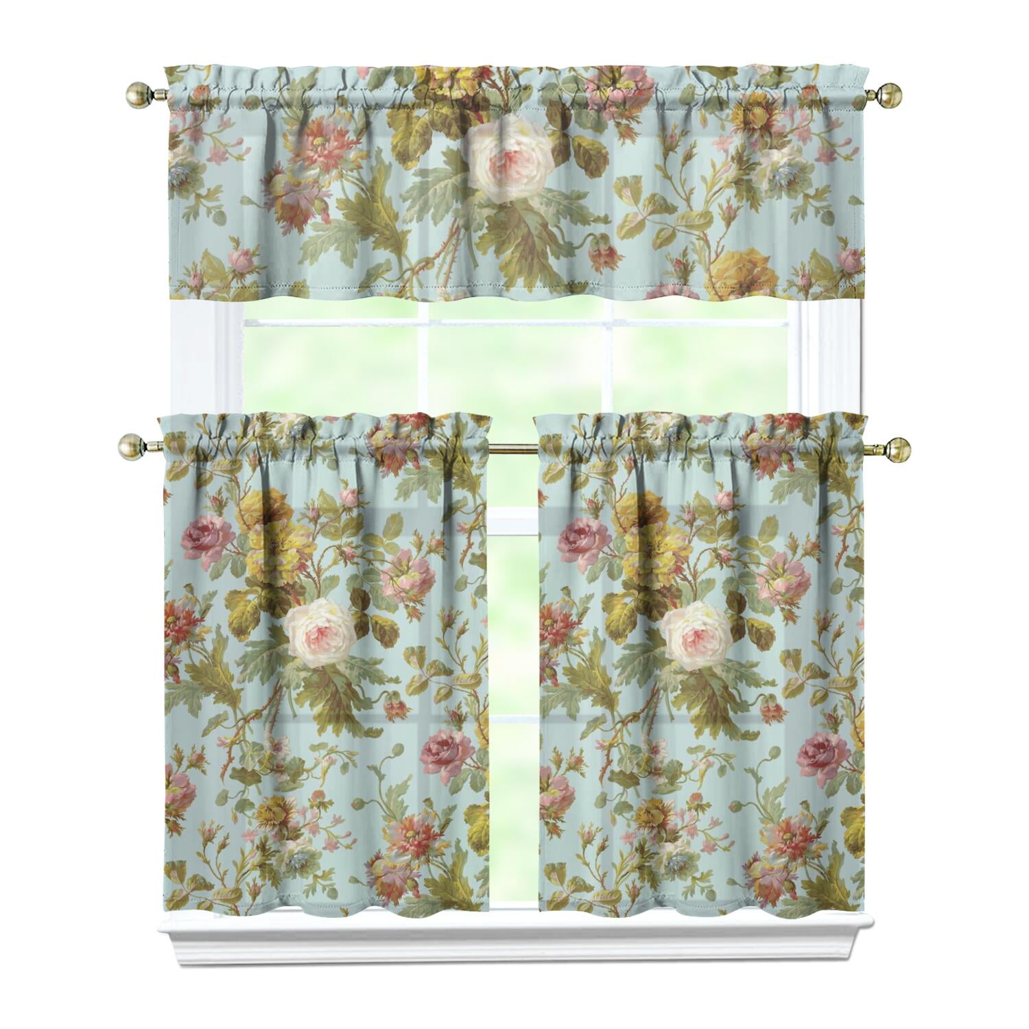 Pioneer Kitchen Curtains and Valance Set 36 Inch Tier Vintage Floral ...