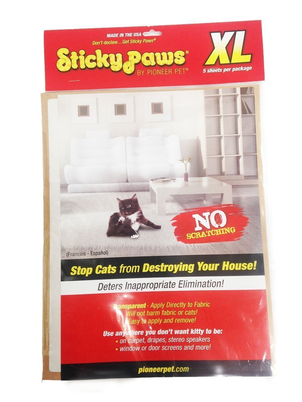 Pioneer Pet Sticky Paws Transparent Cat Deterrent Strips, 9" x 12", (5 ...