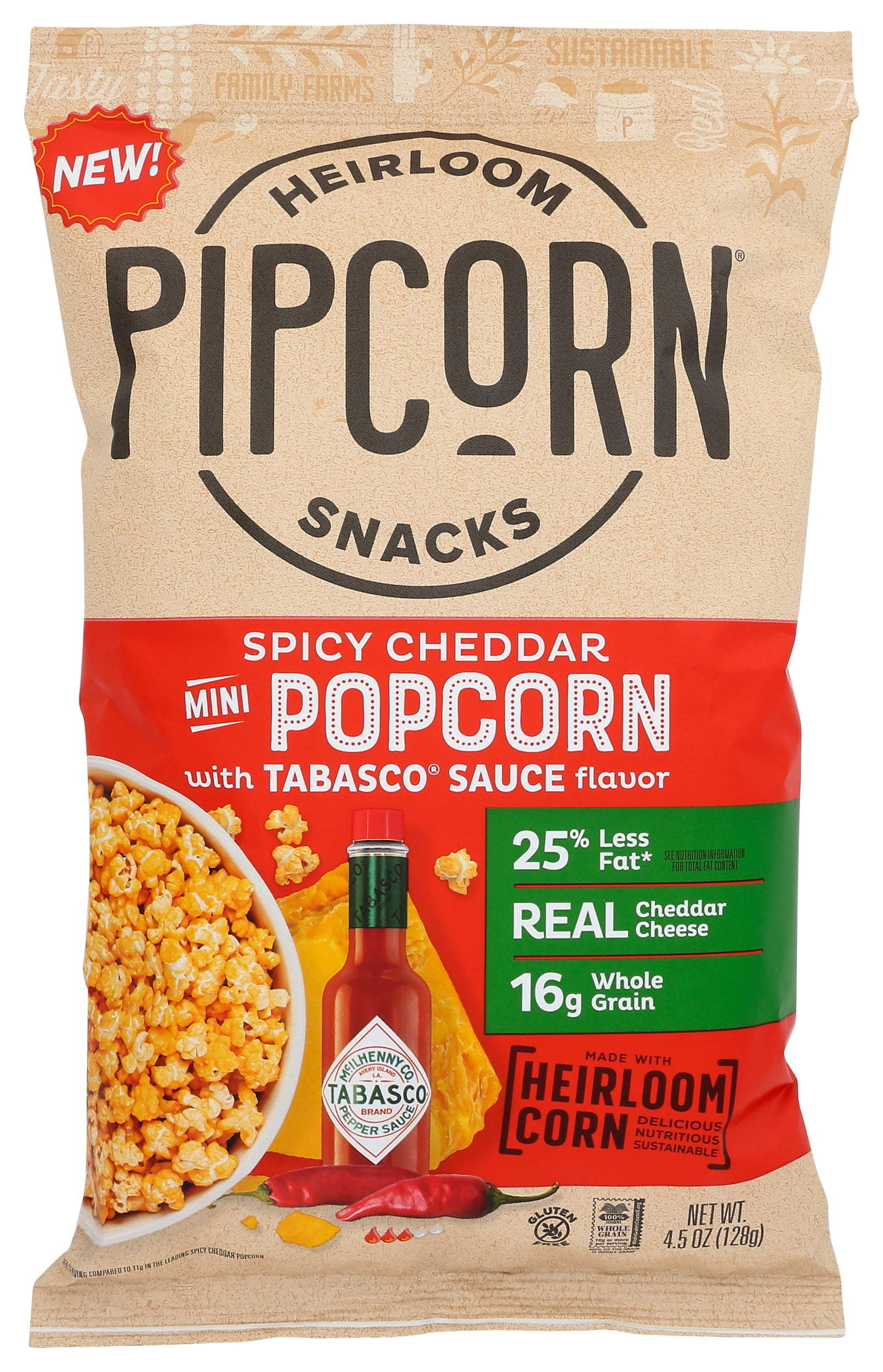 Pipcorn Heirloom Snacks® Mini Popcorn Bags, Tabasco® Cheddar Flavor, 4. ...