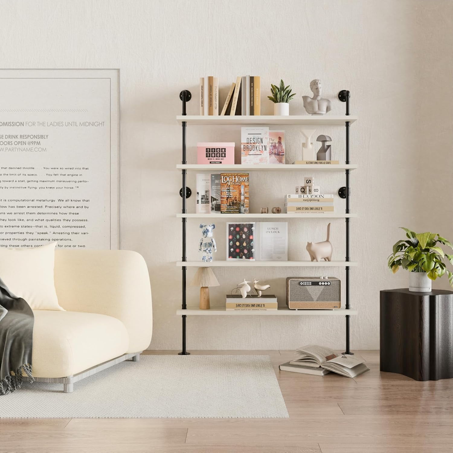 Pipe Industrial Ladder Shelves Bookcase, Wall Mounted Retro Wood Metal ...