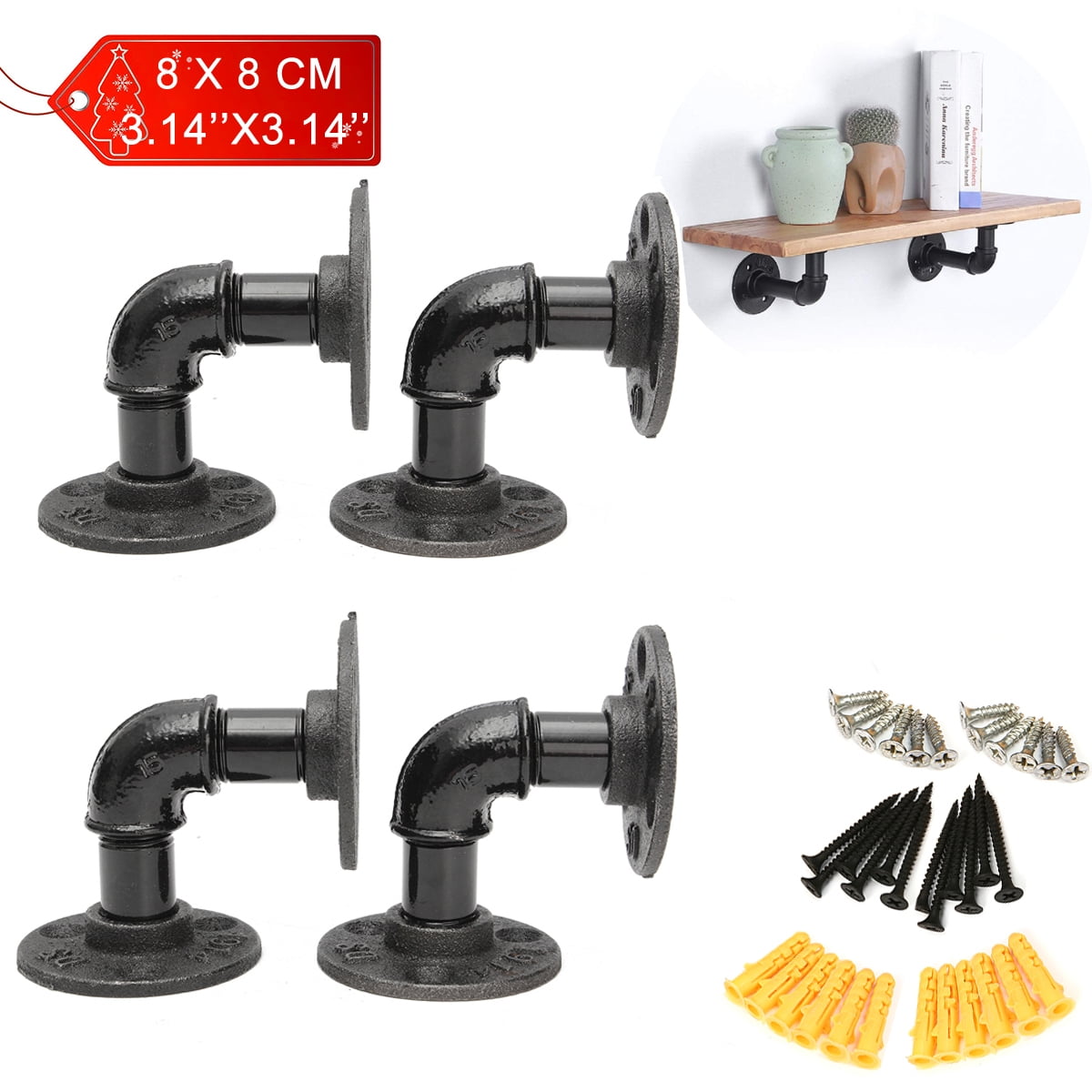 Pipe Shelf Brackets Set of 4, Industrial Black Iron Pipe Brackets ...