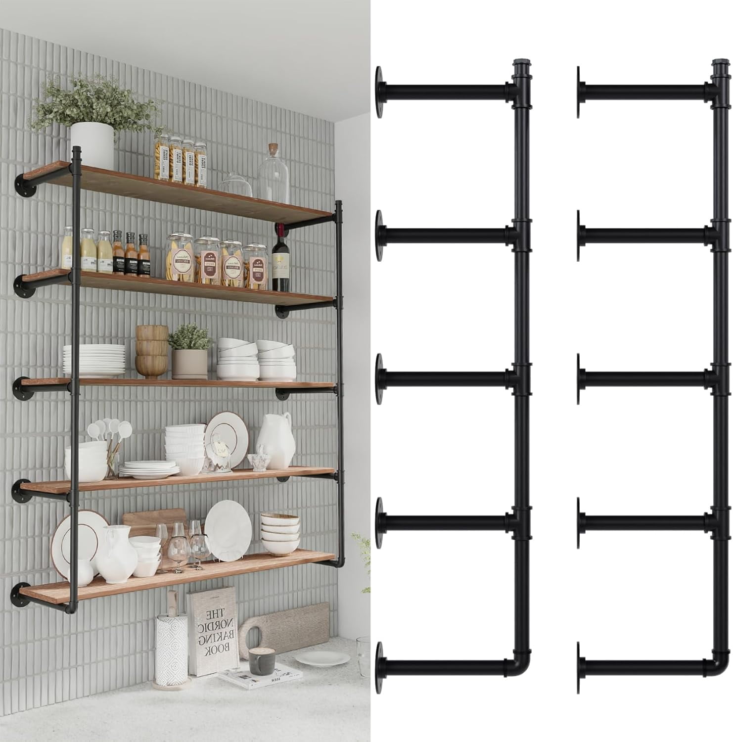 Pipe Shelf Brackets Wall Mount,Open Black Pipe Shelving for Kitchen ...
