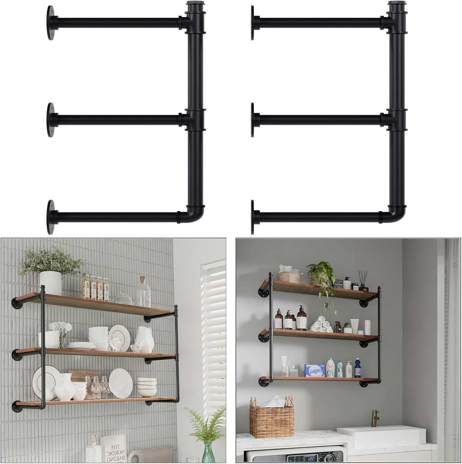Pipe Shelf Brackets Wall Mount, Open Black Pipe Shelving for Kitchen ...