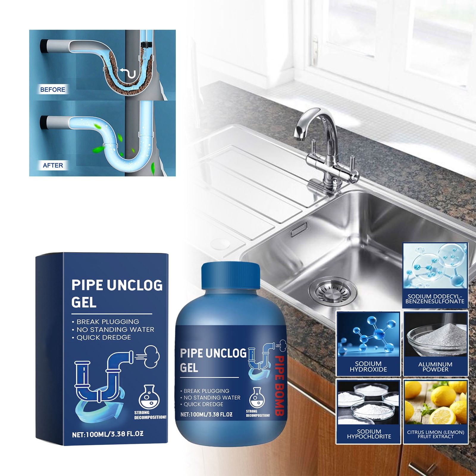 Pipe Unclog Gel For Kitchen Bathroom Drains, 100Ml Fast-Acting Drain ...